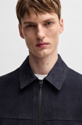 BOSS - Regular-fit jacket in soft suede with zip front - Dark Blue