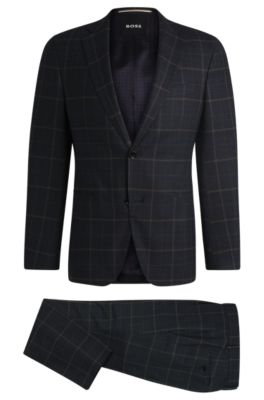 BOSS - Slim-fit suit in checked stretch wool - Dark Blue