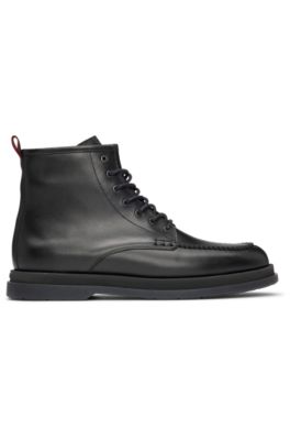 HUGO - Leather lace-up half boots with signature loop - Black