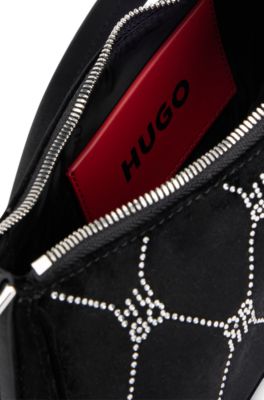 HUGO - Velvet hobo bag with rhinestone-studded chain-logo motif - Black