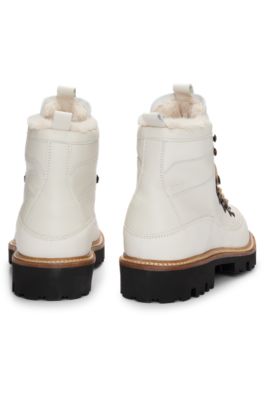 BOSS - Grained-leather lace-up boots with fluffy lining - White