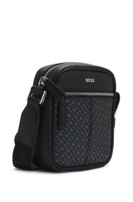BOSS - Monogram-panel reporter bag with foil-print logo - Black
