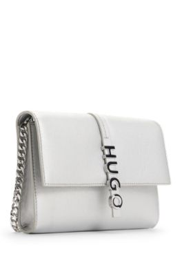 HUGO - Logo-lettering clutch bag in laminated faux leather - Silver