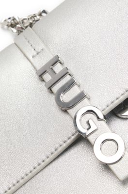 HUGO - Logo-lettering clutch bag in laminated faux leather - Silver