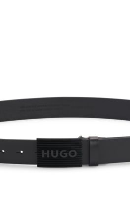 HUGO - Italian-leather belt with matte-black logo plaque buckle - Black