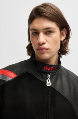 HUGO - HUGO x RB slim-fit leather jacket with signature bull motif - Black