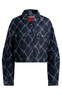 HUGO - Cropped trucker jacket with stacked-logo motif - Dark Blue