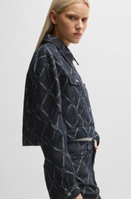 HUGO - Cropped trucker jacket with stacked-logo motif - Dark Blue