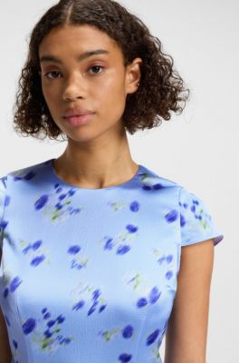 HUGO - Cap-sleeve maxi dress with floral print - Blue Patterned