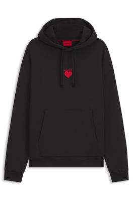 HUGO - Cotton-terry hoodie with slogan and heart graphics - Black