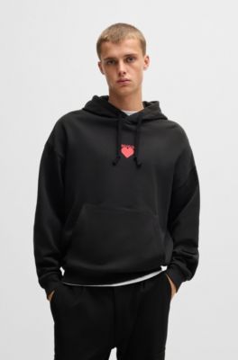 HUGO - Cotton-terry hoodie with slogan and heart graphics - Black