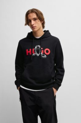 HUGO - Cotton-terry hoodie with animal graphic prints - Black