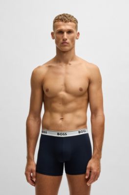 BOSS - Lot de trois boxers longs en coton stretch avec logos - Bleu foncé