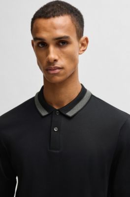 BOSS - Mercerised-cotton slim-fit polo shirt with collar detail - Black
