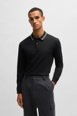 BOSS - Mercerised-cotton slim-fit polo shirt with collar detail - Black
