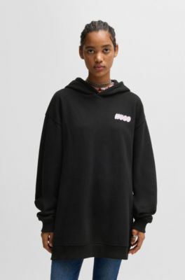 HUGO - Oversized-fit cotton-terry hoodie with playful slogan - Black