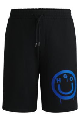 HUGO - Cotton-terry shorts with Happy HUGO logo - Black