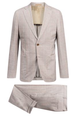 BOSS - Slim-fit suit in checked virgin wool, silk and linen - Light Beige