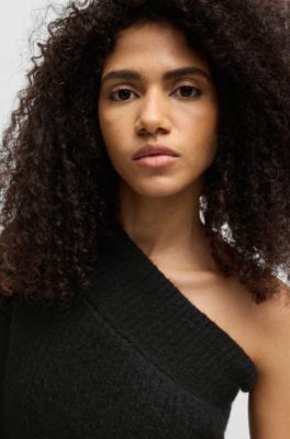 HUGO - One-shoulder regular-fit sweater with knitted structure - Black