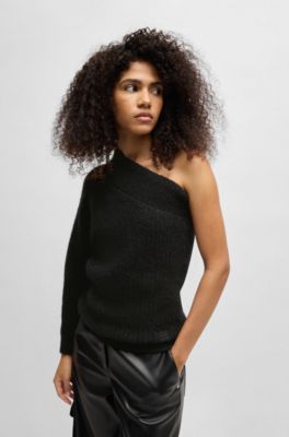 HUGO - One-shoulder regular-fit sweater with knitted structure - Black