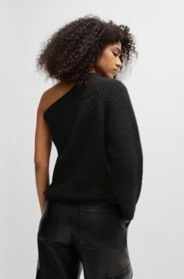 HUGO - One-shoulder regular-fit sweater with knitted structure - Black
