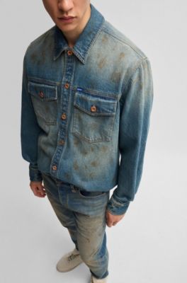 HUGO - Loose-fit shirt in blue denim with used effects - Dark Blue