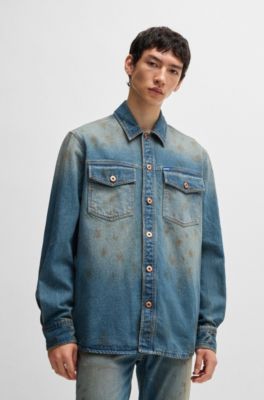 HUGO - Loose-fit shirt in blue denim with used effects - Dark Blue