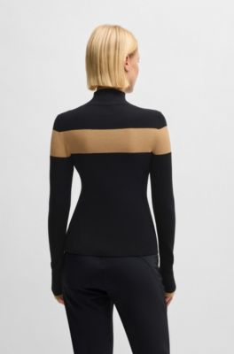 BOSS - Pull en maille stretch à rayures camel BOSS Ski - Noir