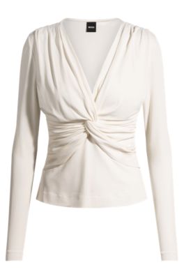 BOSS - Topp i stretchjersey med tvinnat framparti - Vit