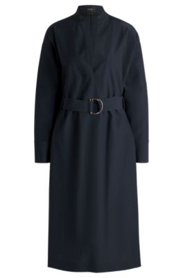 BOSS - Belted dress in virgin wool with V neckline - Dark Blue