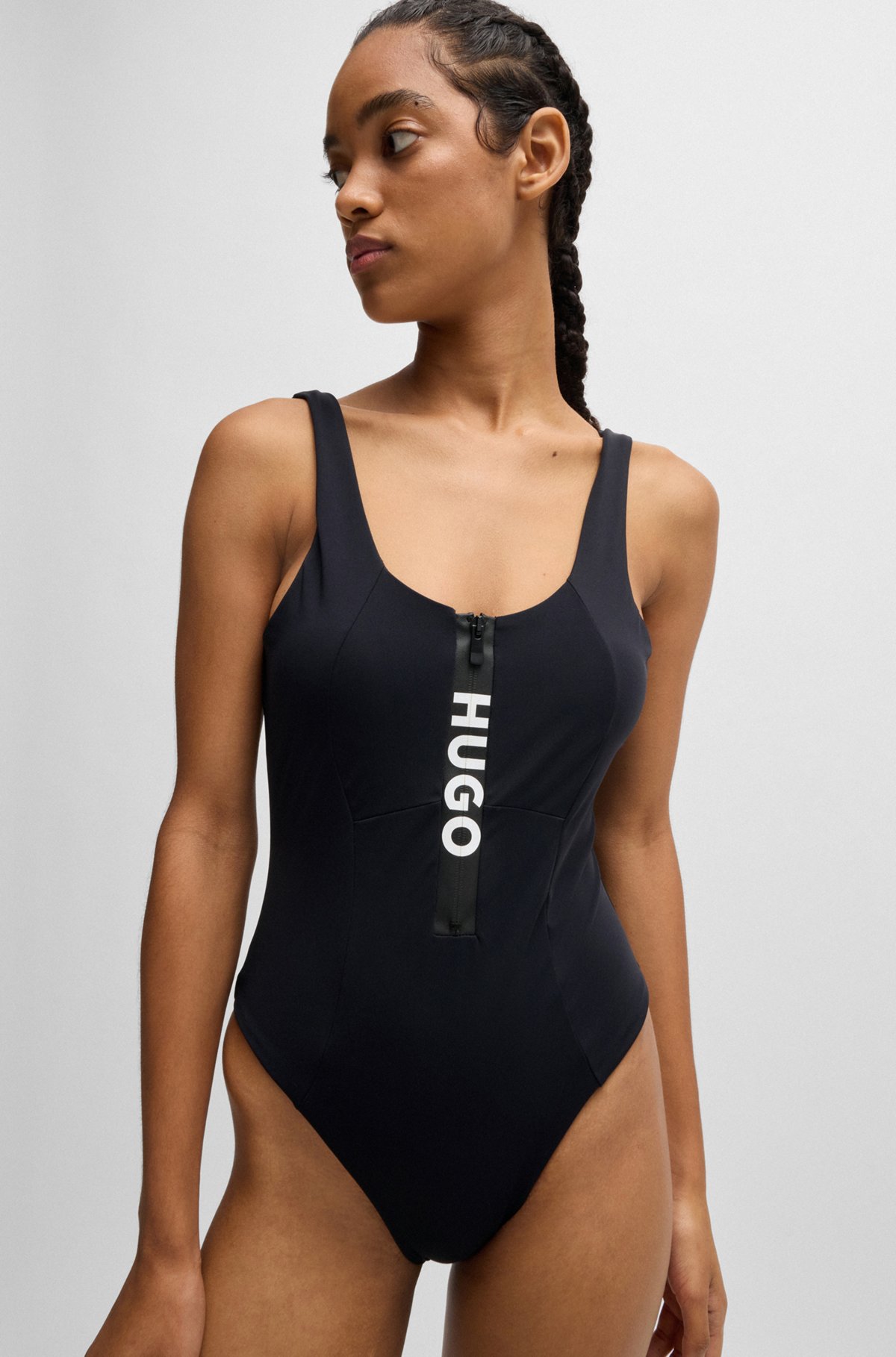 HUGO - Logo-zip swimsuit with removable padding - Black HUGO - Logo-zip swimsuit with removable padding - Black