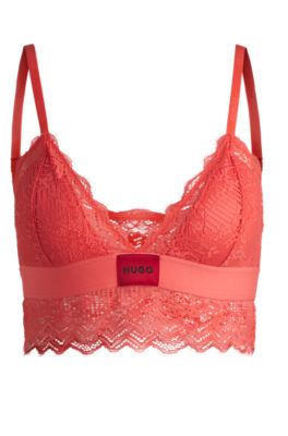 HUGO - Lace-trim bra with red logo label - Coral