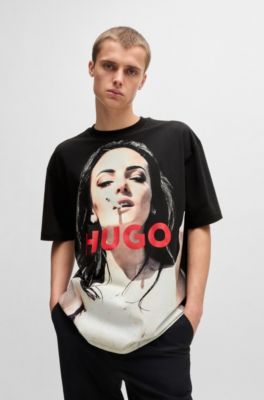 HUGO - T-shirt oversize in cotone con stampa di grande impatto - Nero