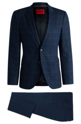 HUGO - Extra-slim-fit suit in checked stretch cloth - Blue Patterned