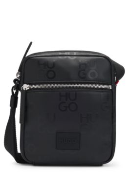 HUGO - Faux-leather reporter bag with stacked-logo pattern - Black