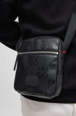 HUGO - Faux-leather reporter bag with stacked-logo pattern - Black