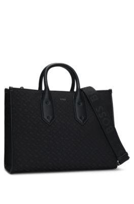 BOSS - Monogram-twill tote bag with faux-leather trims - Black