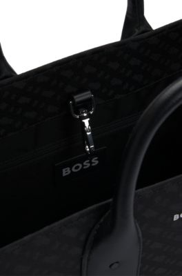 BOSS - Monogram-twill tote bag with faux-leather trims - Black