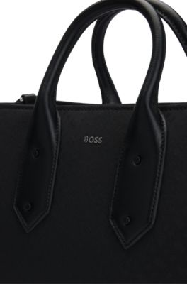 BOSS - Monogram-twill tote bag with faux-leather trims - Black