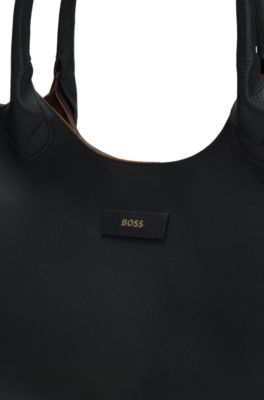 BOSS - Grained-leather tote bag with polished logo lettering - Black