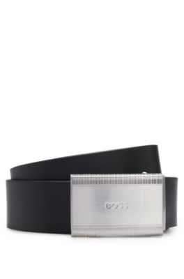 BOSS - Fine-grain leather belt with branded plaque buckle - Black