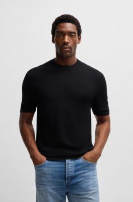 BOSS - Silk sweater with knitted structure - Dark Blue