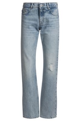 HUGO - Straight-fit jeans in blue denim with distressed detailing ...
