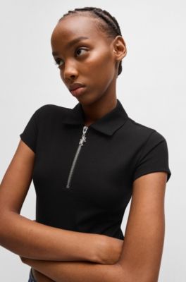 HUGO - Cropped stretch-cotton polo shirt with zip placket - Black