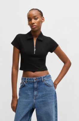 HUGO - Cropped stretch-cotton polo shirt with zip placket - Black