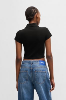 HUGO - Cropped stretch-cotton polo shirt with zip placket - Black
