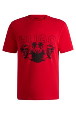 HUGO - Cotton-jersey T-shirt with logo and animal graphic - Red