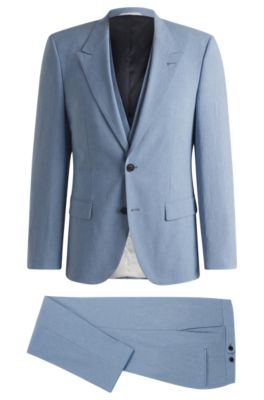 HUGO - Three-piece slim-fit suit in linen-look fabric - Light Blue