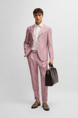 BOSS - Pantaloni regular fit in lino a motivi - Rosa scuro