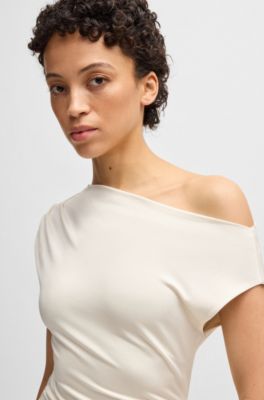 BOSS - Stretch-jersey dress with off-the-shoulder neckline - Natural